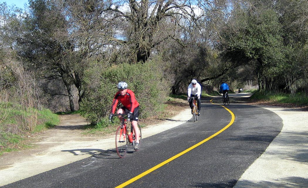 Cyclists on curvy section of bike trail on American River – Biking Bis
